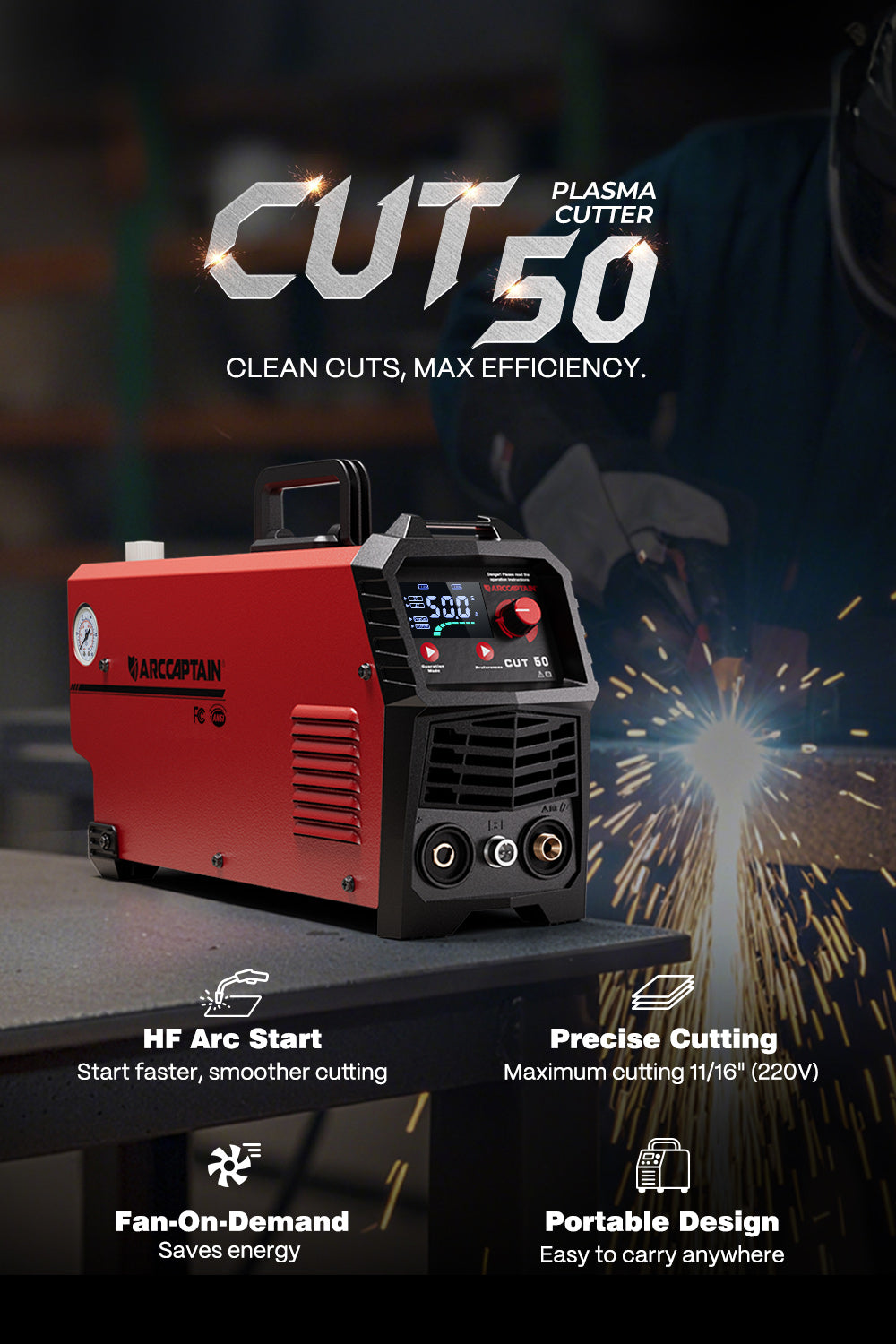 Arccaptain Plasma Cutter CUT50 Dual Voltage Portable HF Start Cutter