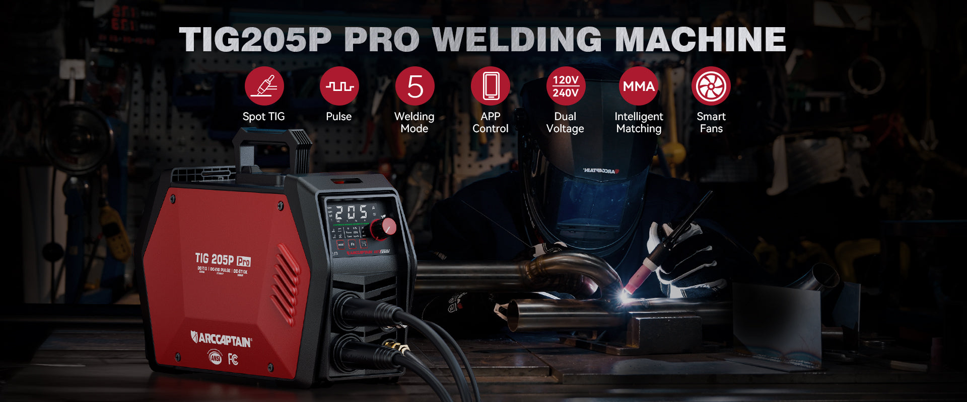 Arccaptain DC TIG205P Pro 5-in-1 App-Controlled Pulse TIG Welder | 120V ...