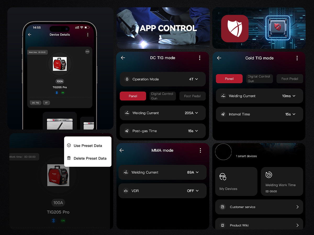 ARCCAPTAIN TIG205 Pro DC TIG Spot Cold Welder with Stick feature